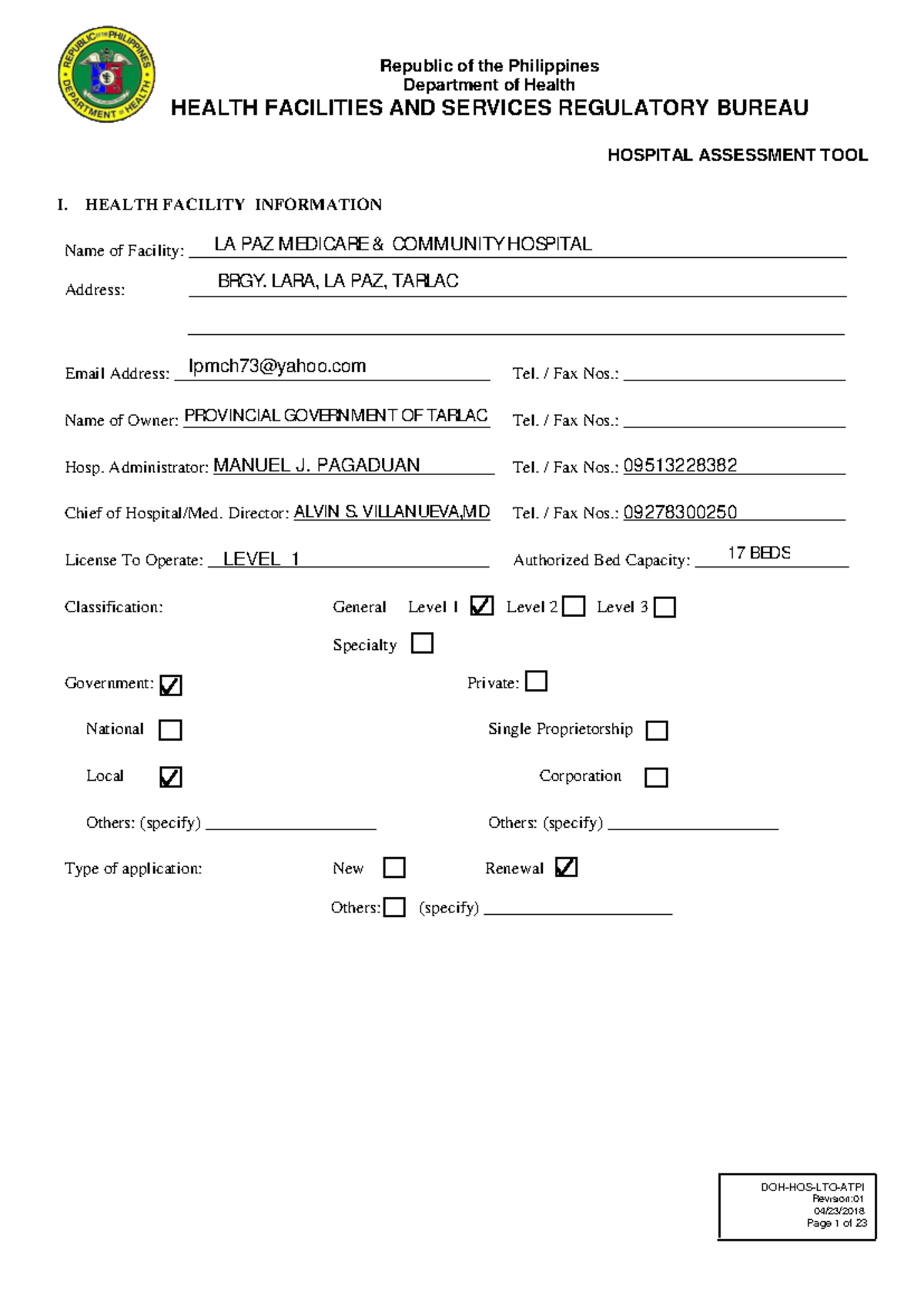 Level 1 Hospital Assessment Tool (DOH-HOS-LTO-ATPI) - Rev 04/23 - Studocu