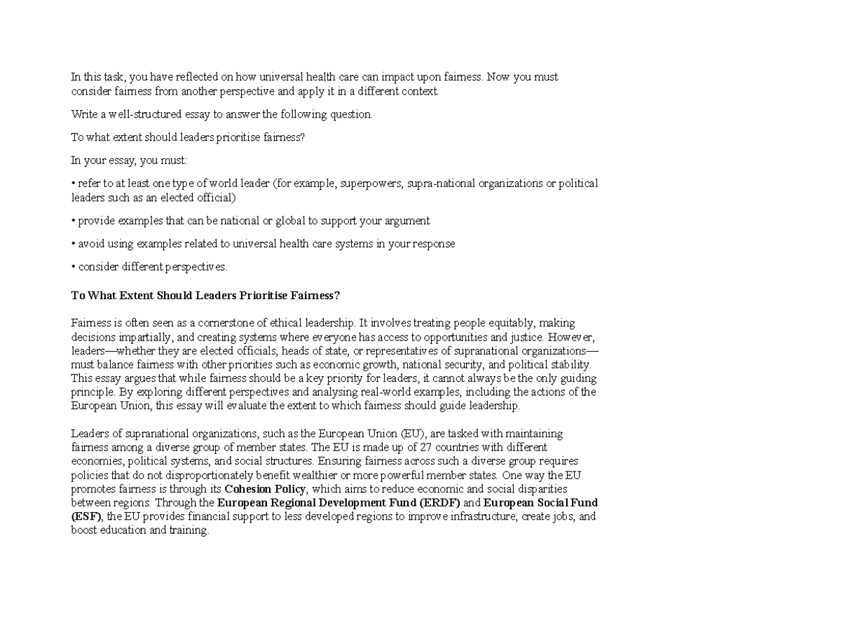 Essay on Fairness in Leadership: Prioritizing Equity and Effectiveness ...