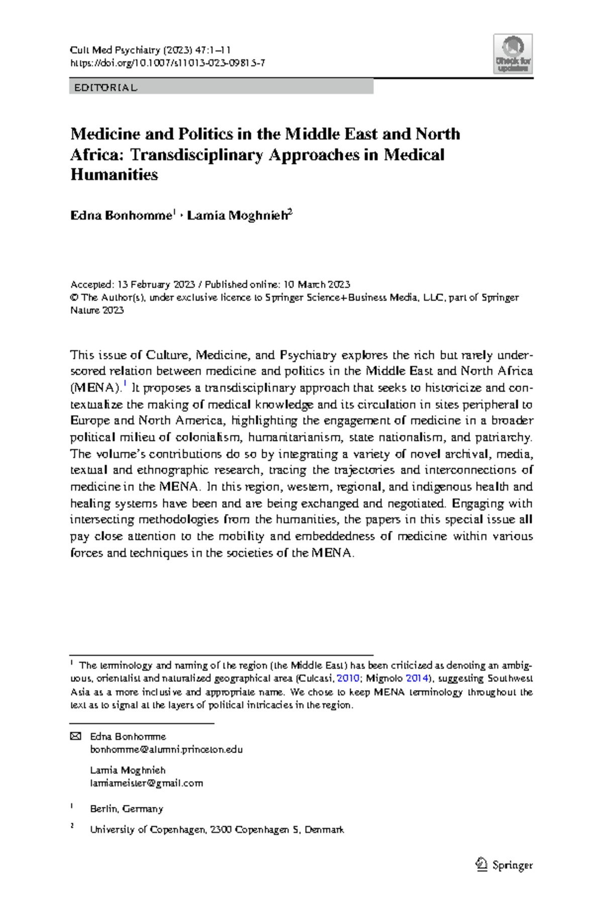 Medicine and Politics in MENA: Transdisciplinary Insights in Medical ...
