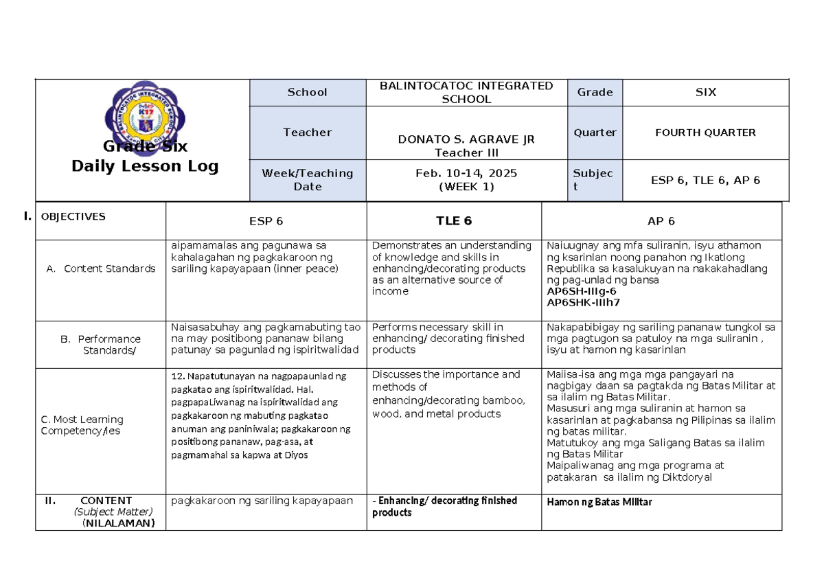 Dll WEEK 1 q4 - Dll WEEK 1 q4 - Grade Six Daily Lesson Log School ...