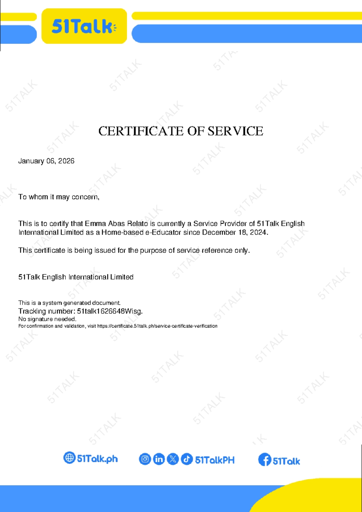 Certificate of Service for Emma Abas Relato - 51Talk - Studocu