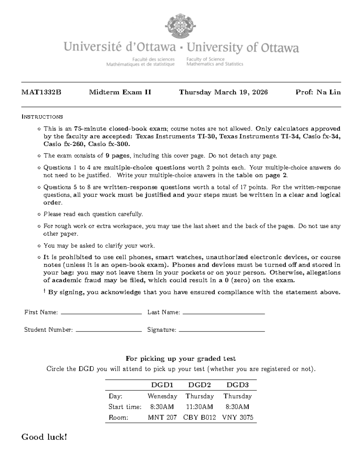 MAT1332B Midterm Exam II Solutions - DGD9 March 19, 2026 - Studocu