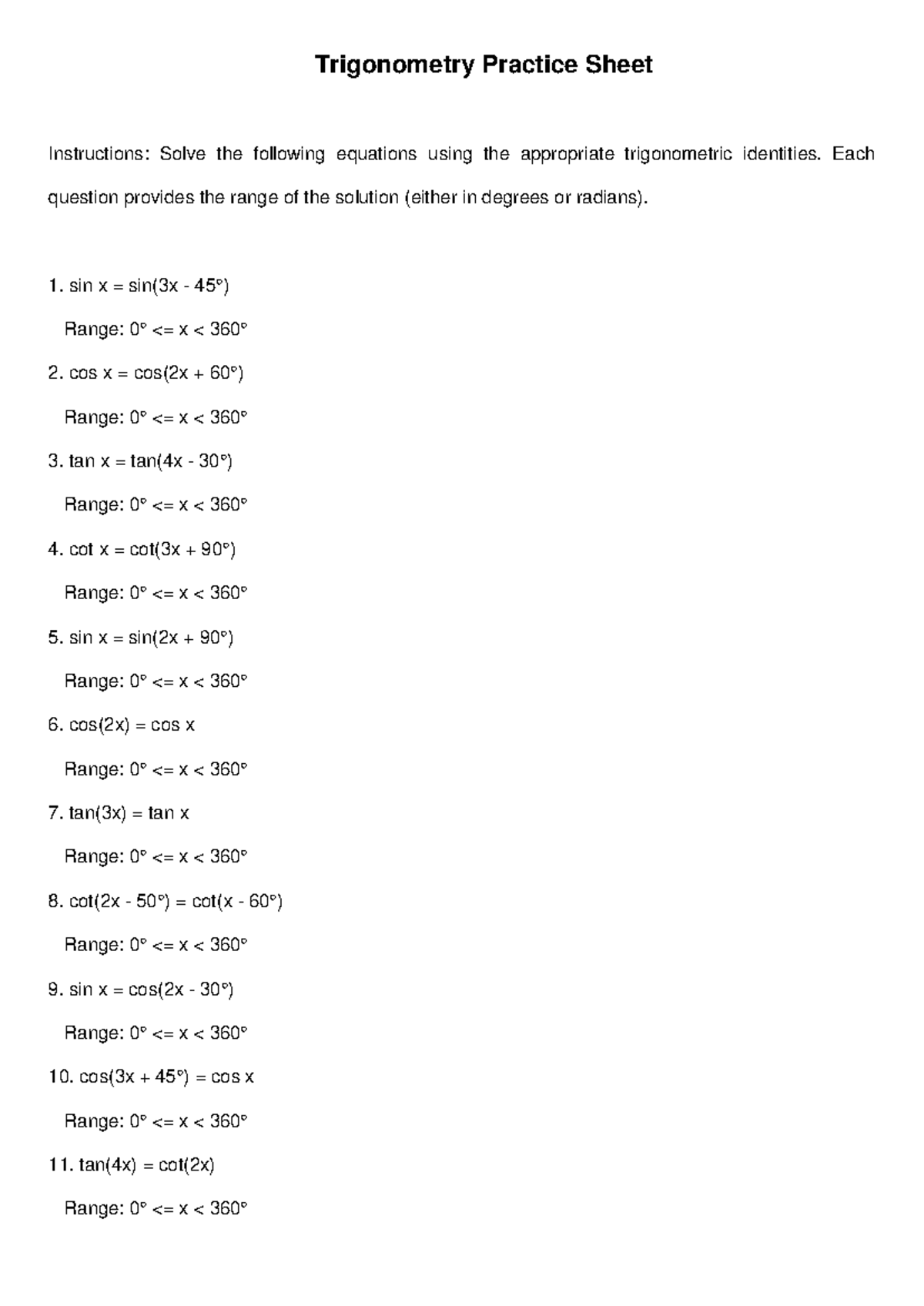 Trig Identity Practice Sheet Updated - Trigonometry Practice Sheet ...