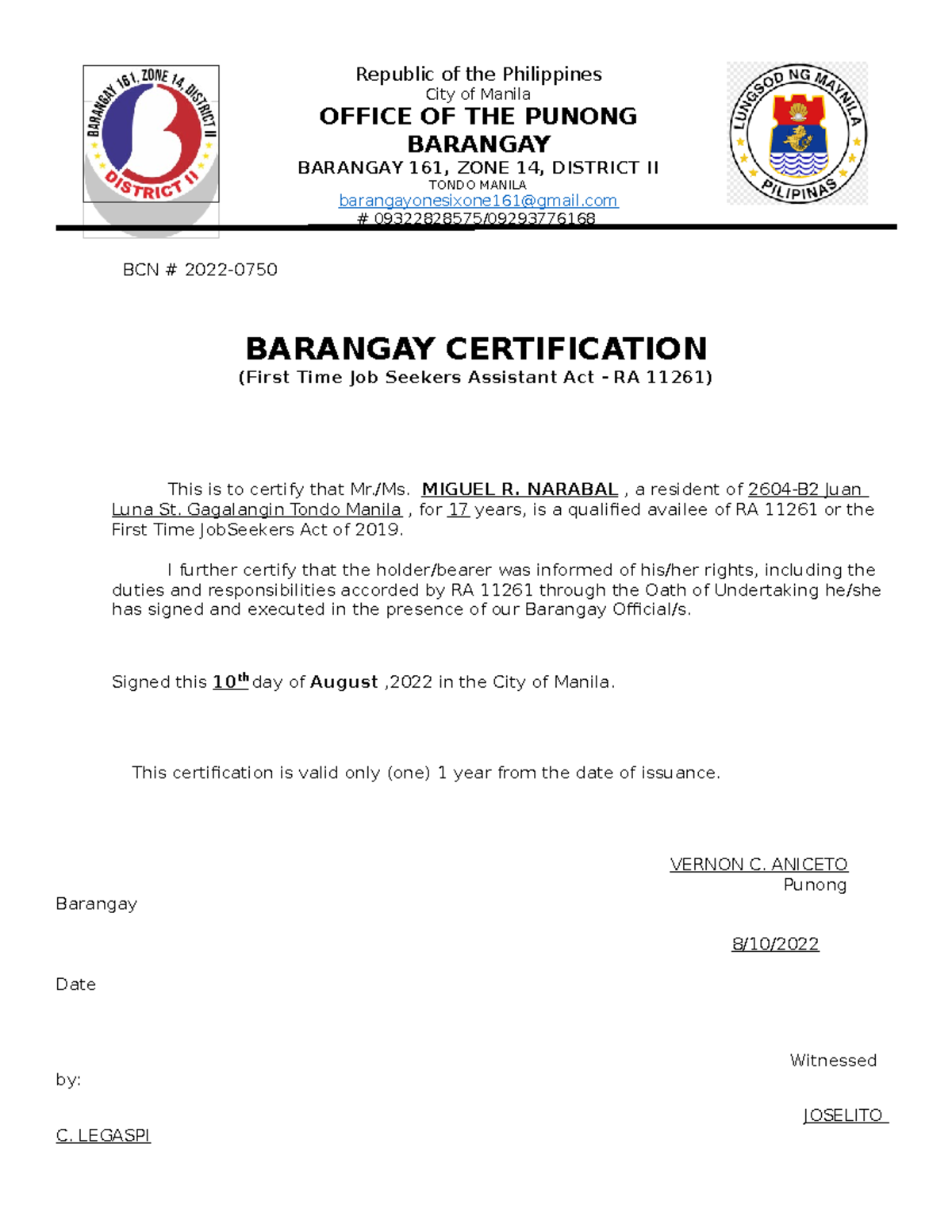 Certificate first time jobseeker - BCN # 2022- BARANGAY CERTIFICATION (First Time Job Seekers ...