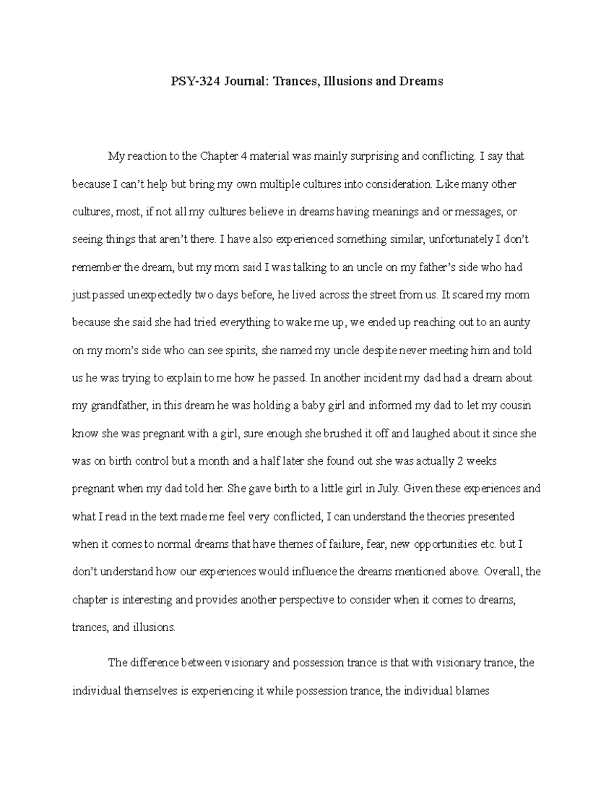 PSY-324 Journal Entry: Insights on Trances, Illusions, and Dreams - Studocu