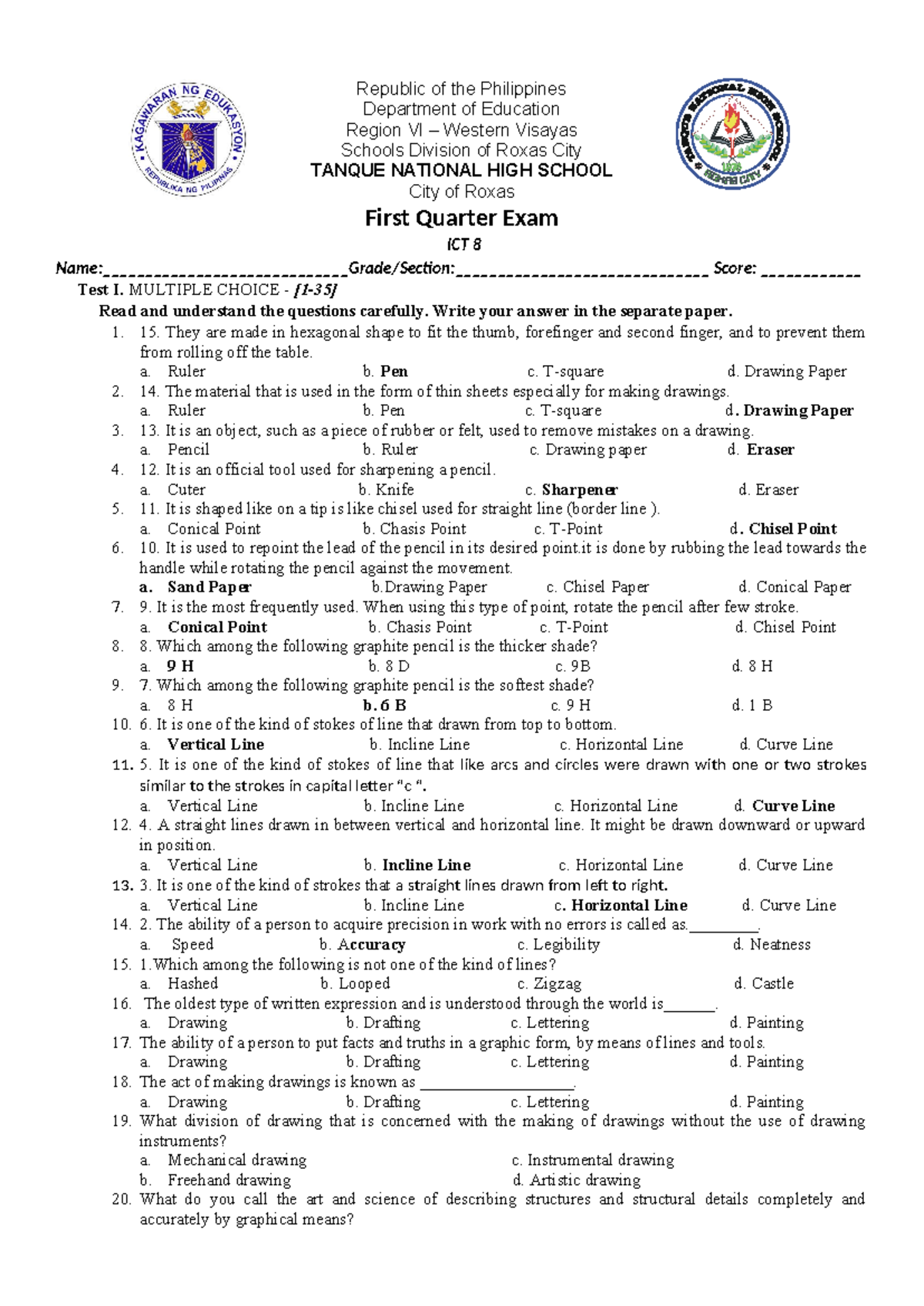 ICT 8 - 1st Quarter Test Paper with MCQs and Illustration Section - Studocu