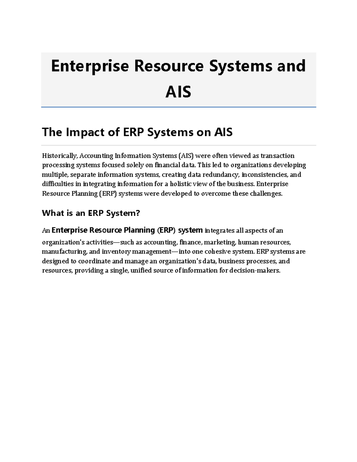 ERP & AIS: Lecture Notes on the Impact of ERP Systems - Studocu