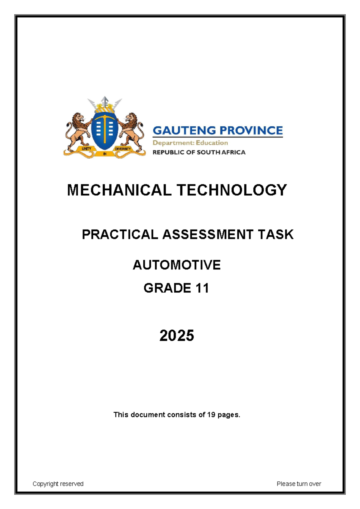 Grade 11 GDE Mechanical Technology PAT: Automotive Practical Assessment 2025 - Studocu