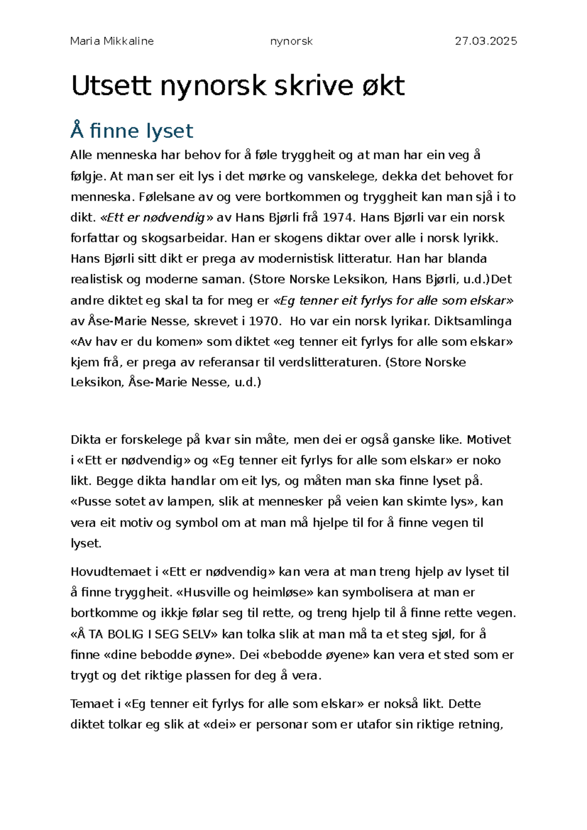 Nynorsk Langsvar: Diktanalyse av Hans Bjørli og Nesse (NORSK 27.03.2025 ...