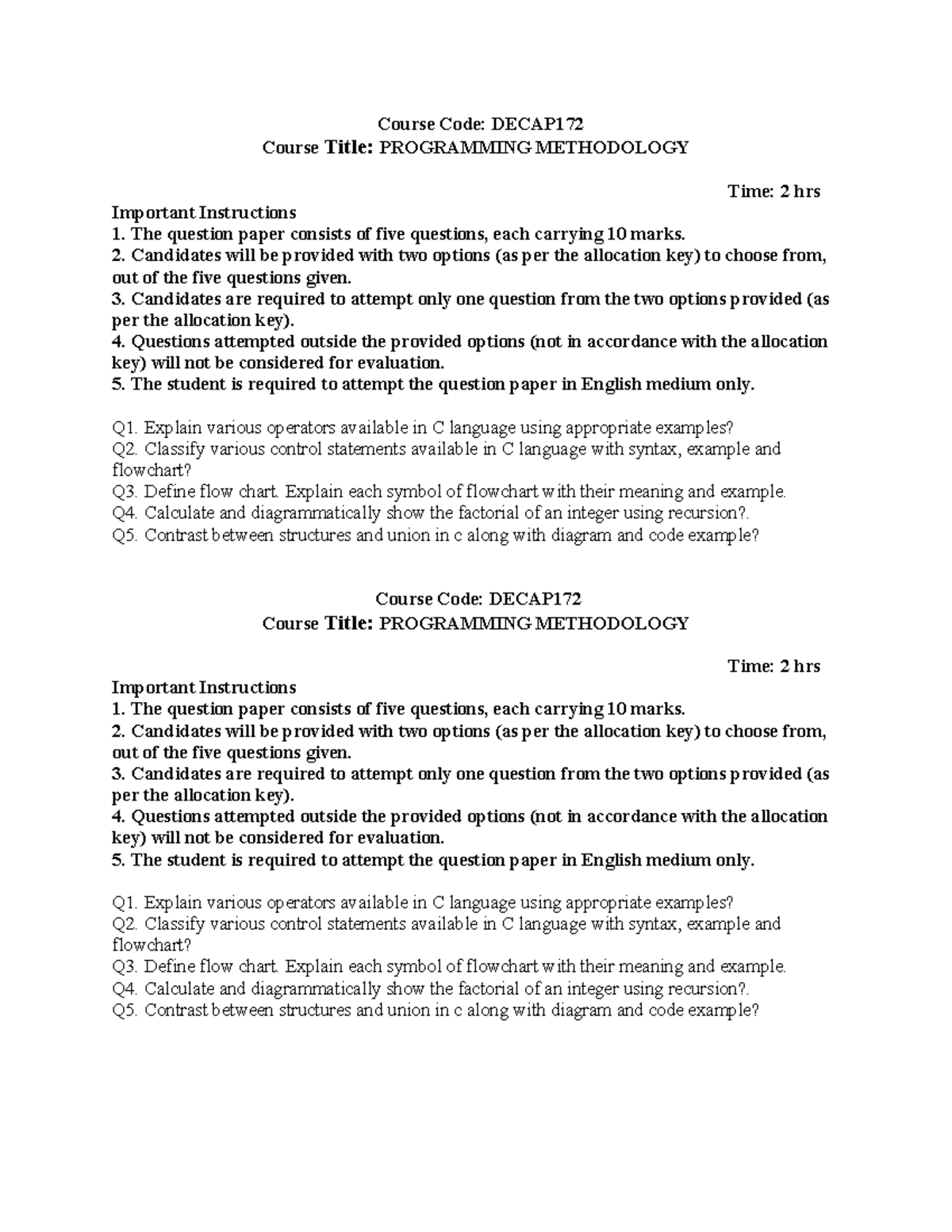 DECAP172 Programming Methodology: Practice Questions for BCA 1st Sem ...