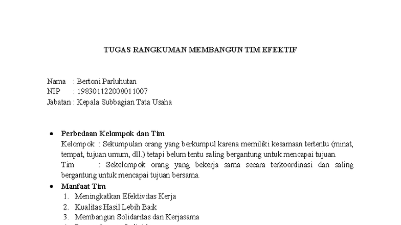 Rangkuman Tugas: Membangun Tim Efektif oleh Bertoni Parluhutan - Studocu