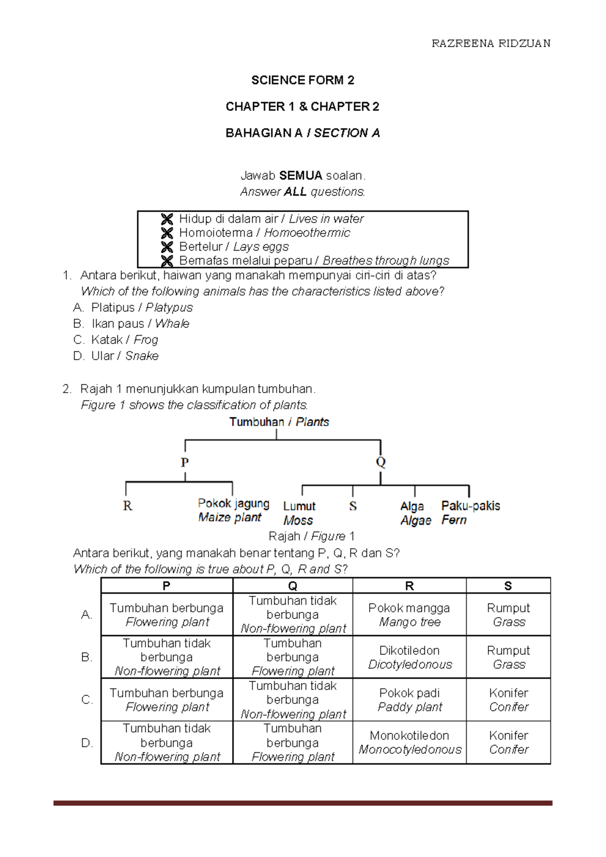 SCIENCE FORM 2: CHAPTER 1 & 2 EXERCISE QUESTIONS - Studocu