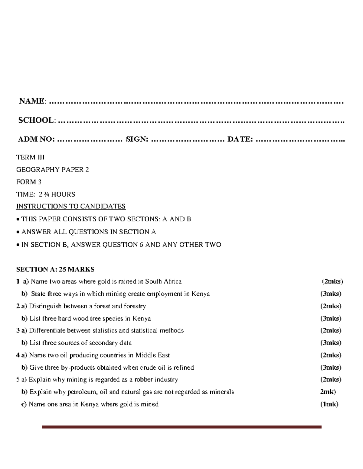 F3 Geography Term 2 Exam Paper 2 - Comprehensive Guide - Studocu