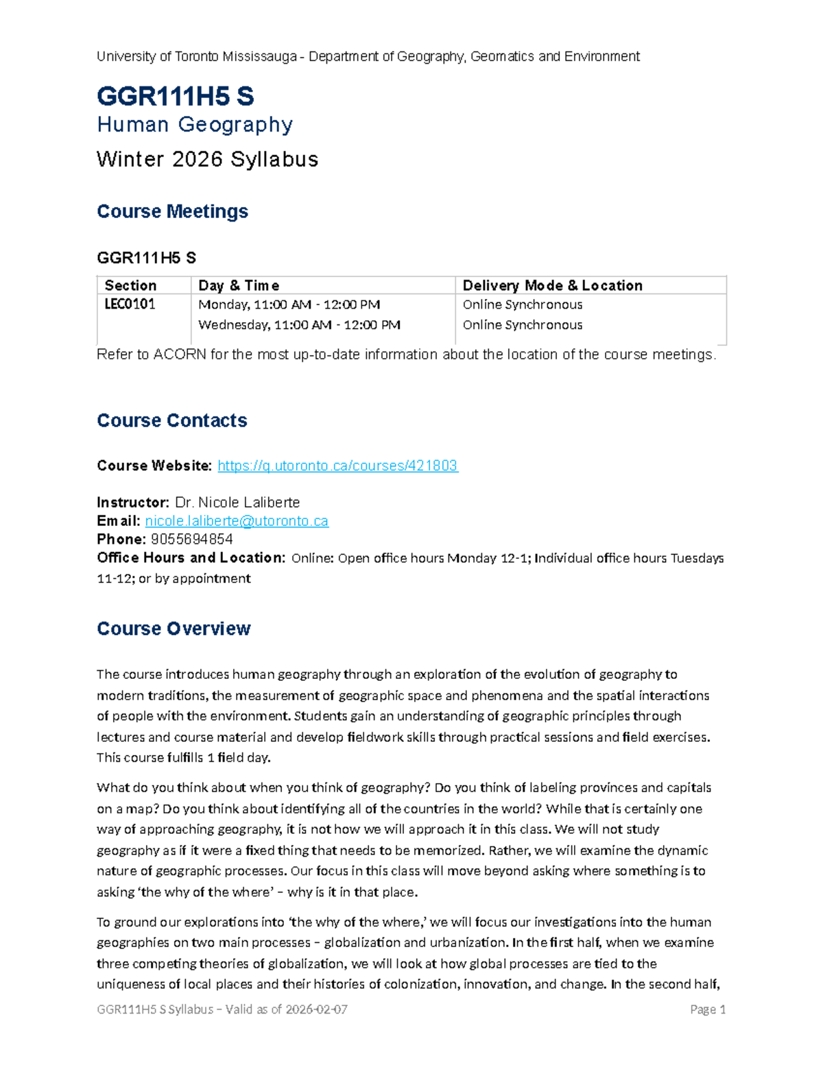 GGR117H5 Human Geography Winter 2026 Syllabus & Course Schedule - Studocu