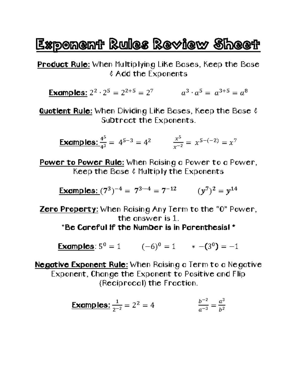 Exponent Rules Review Sheet (Grade 8) - Studocu