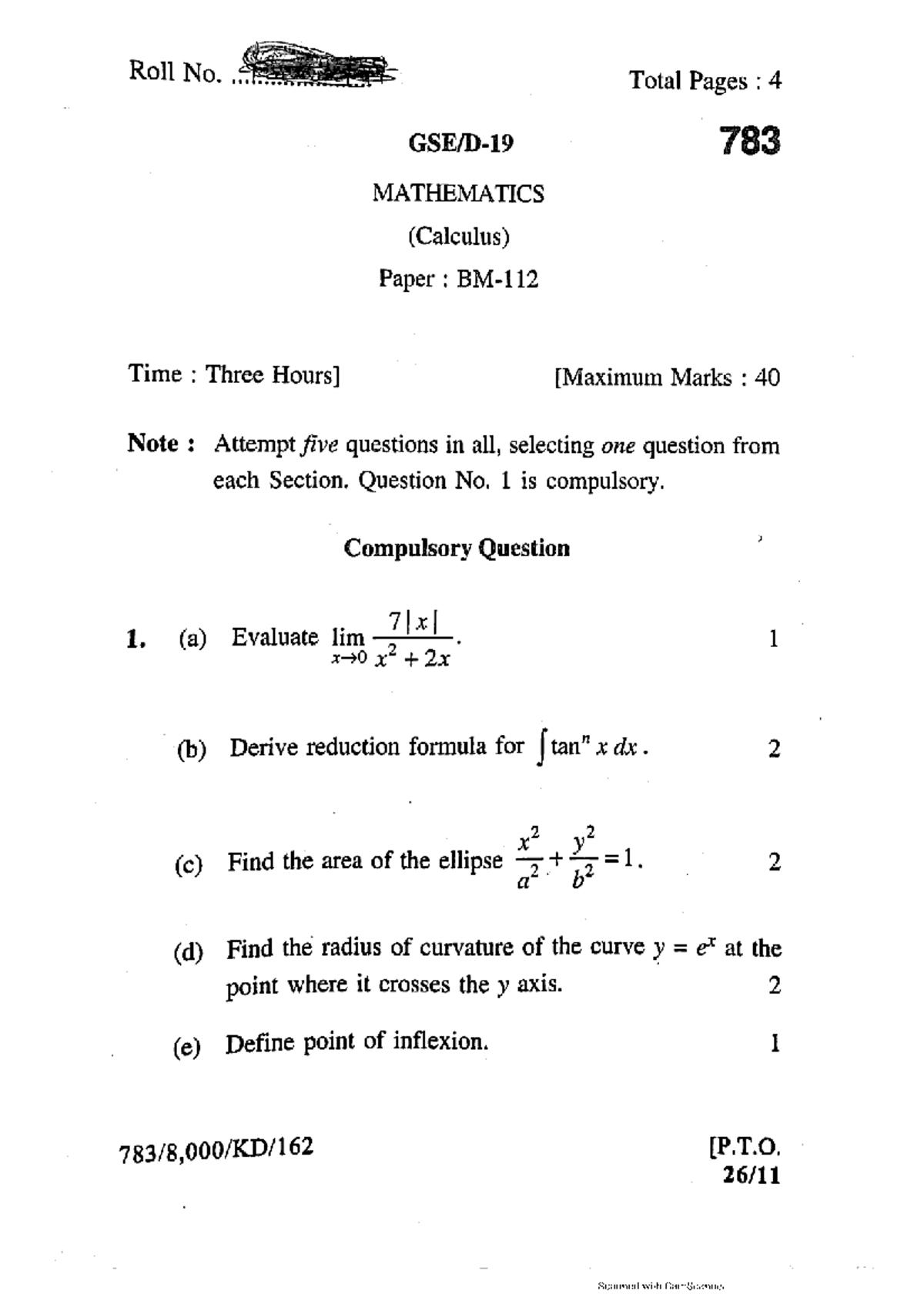 BSc 1st Sem Mathematics (Calculus) 783 Dec 2019 Exam Paper - Studocu