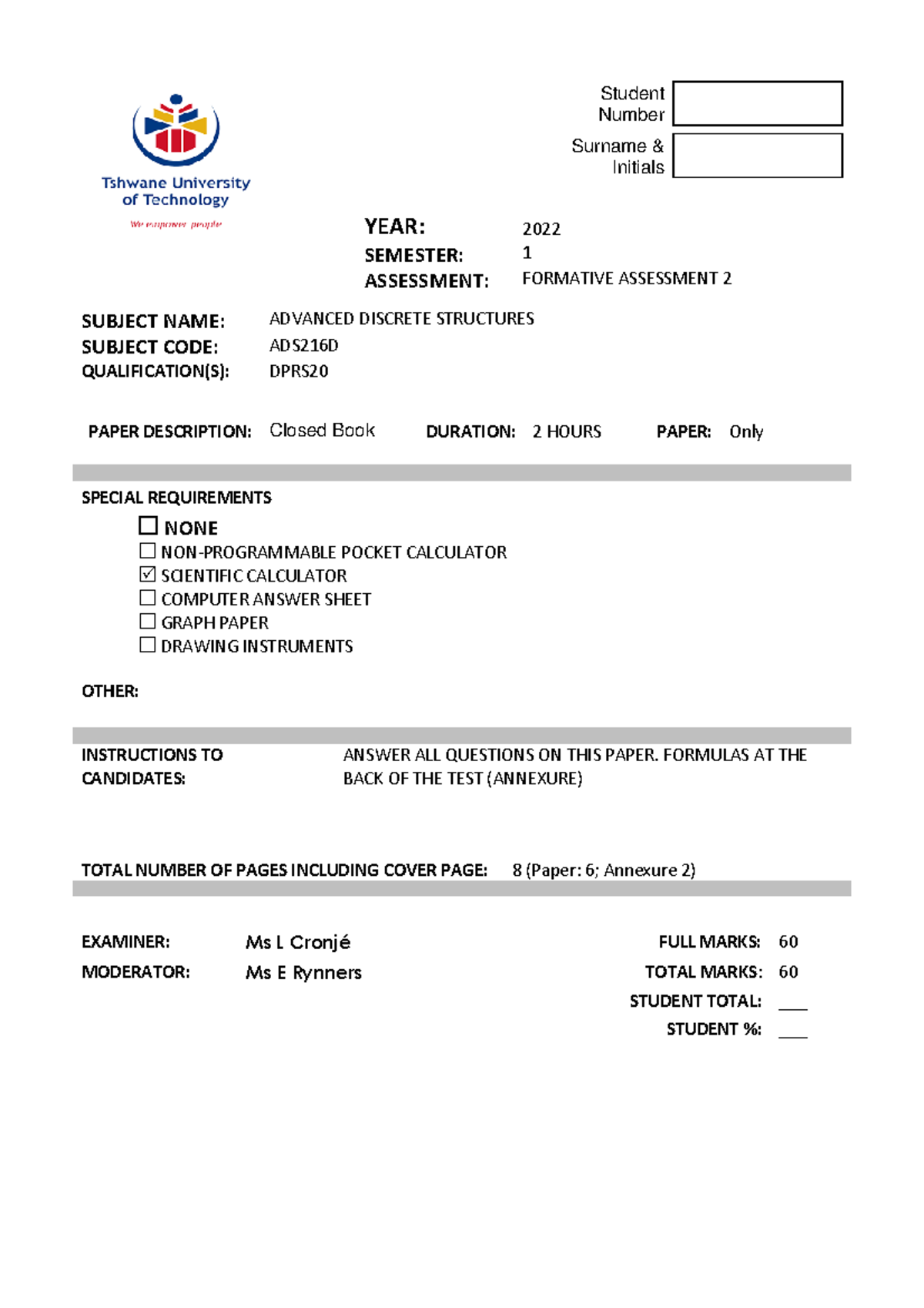 ADS216D FA2 - Formative Assessment on Advanced Discrete Structures ...