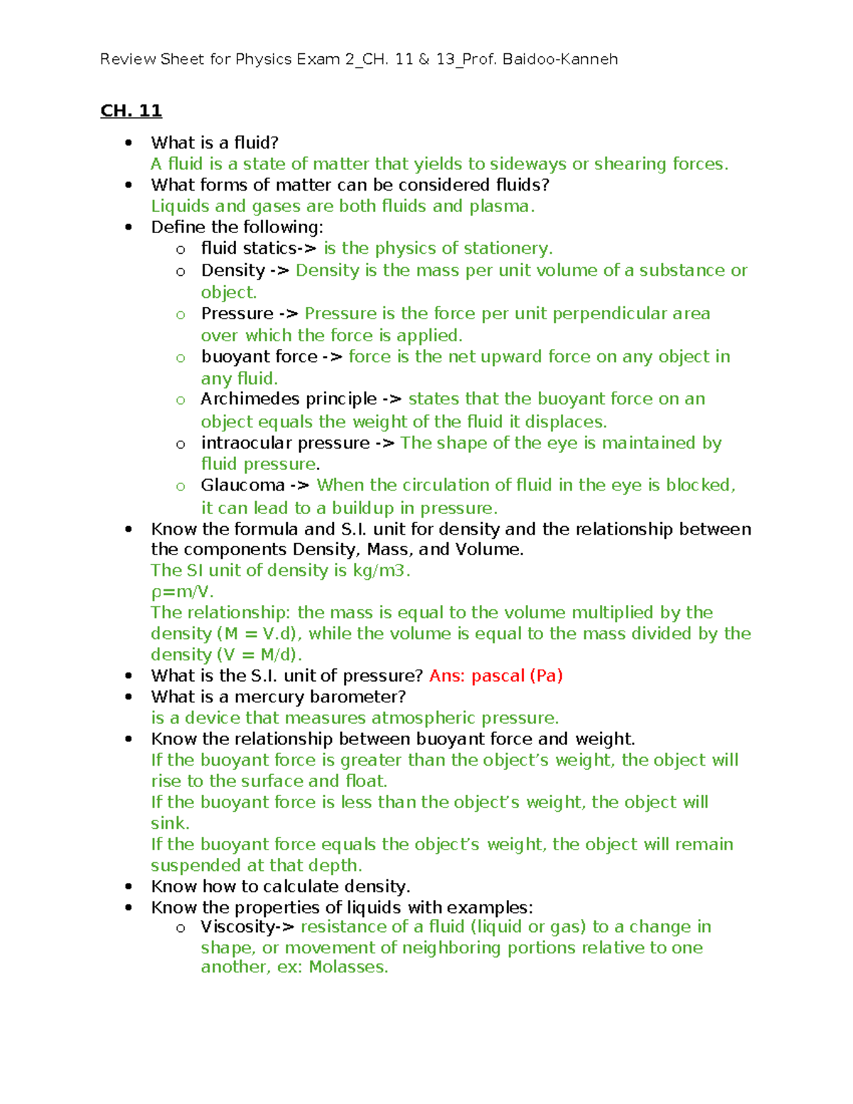 Physics Review Sheet for Exam 2: CH. 11 & 13 - Prof. Baidoo-Kanneh ...