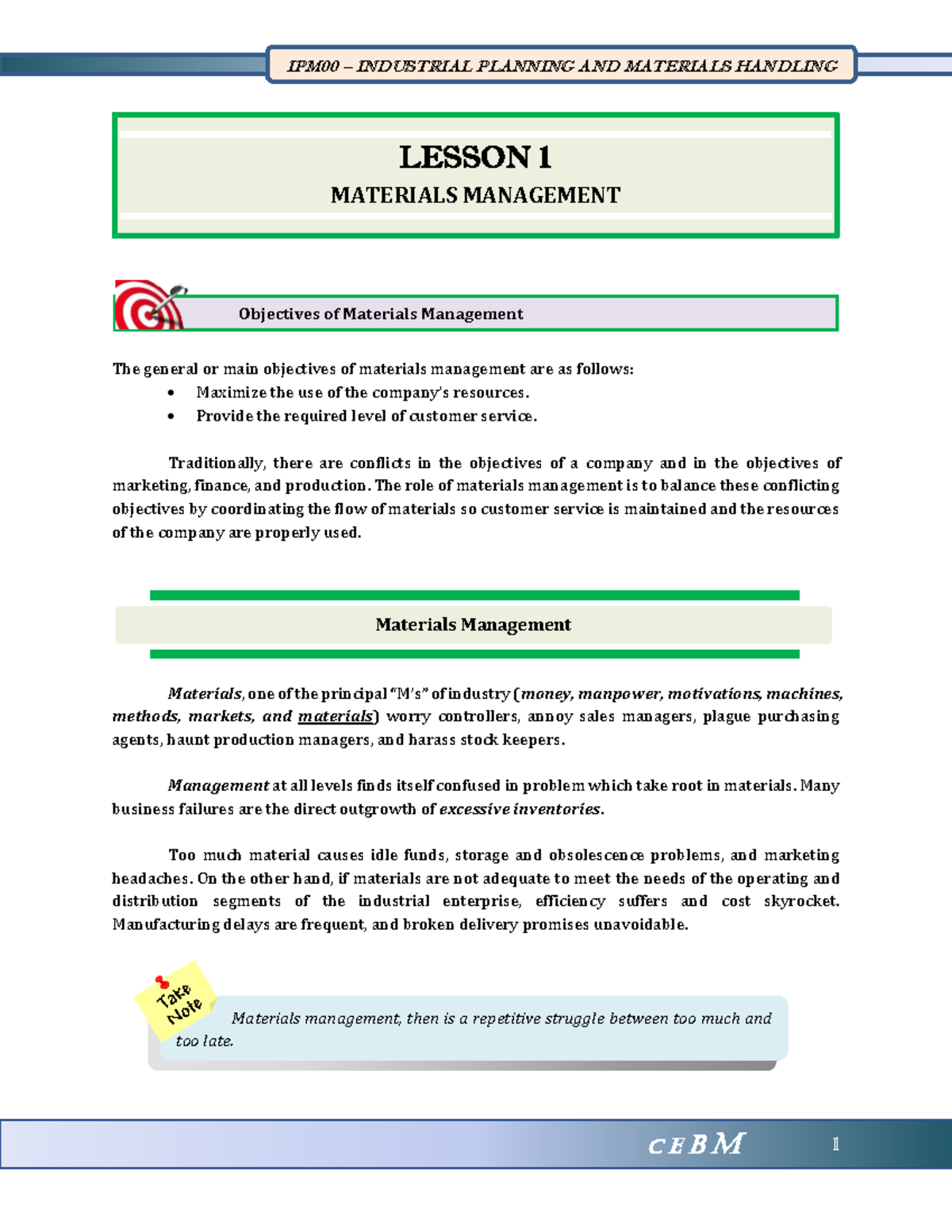 IPM00 - Lesson 1: Understanding Materials Management Principles - Studocu