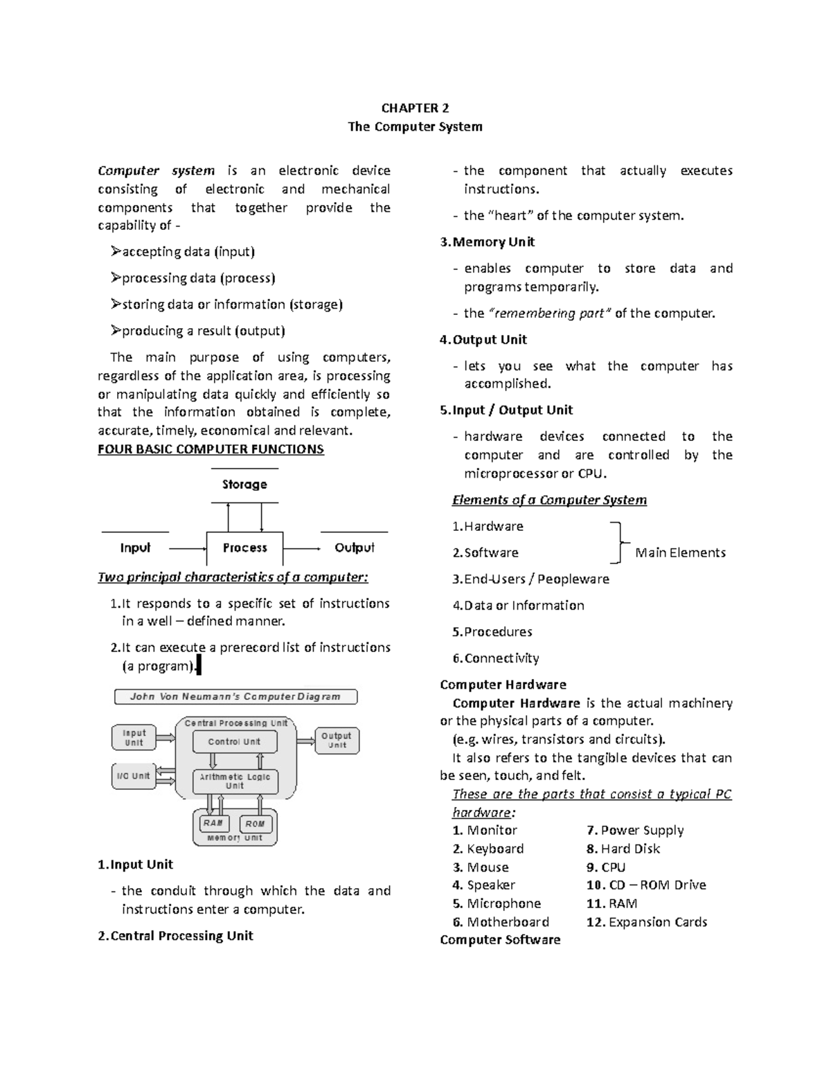 Fundamental - Chapter 2 - CHAPTER 2 The Computer System Computer system ...