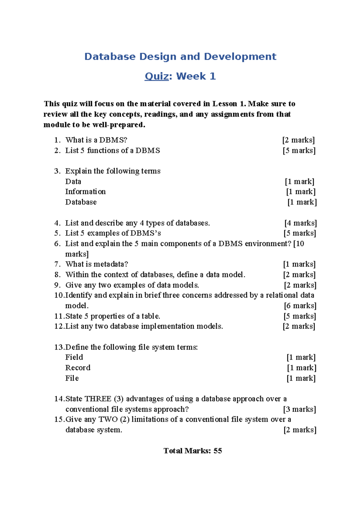 DBD 101 Quiz: Week 1 Practice Material on DBMS Concepts - Studocu