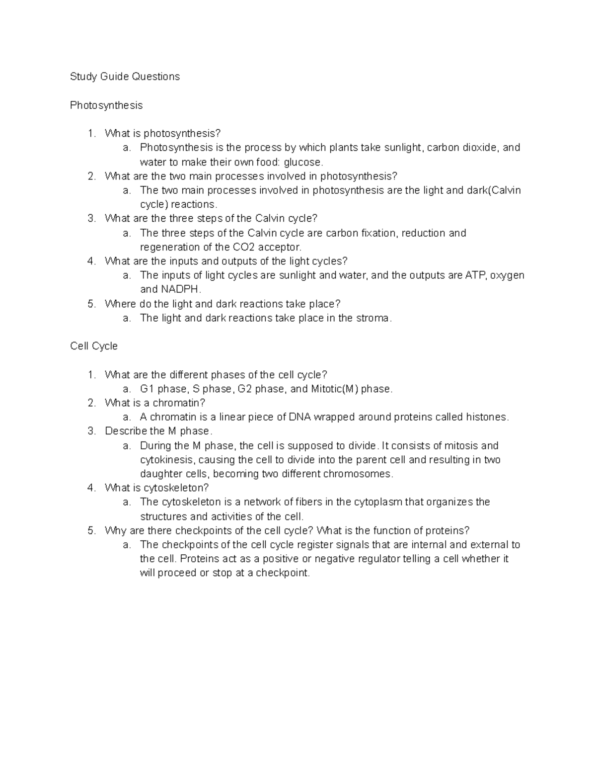 BILD 1 UCSD Photosynthesis and The Cell Cycle Q and A - Study Guide ...
