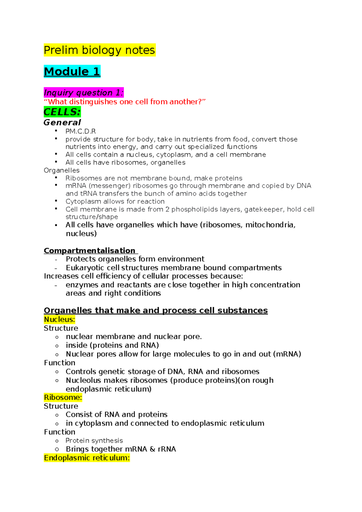 Prelim Biology Notes - Module 1: Cell Structure & Function - Studocu