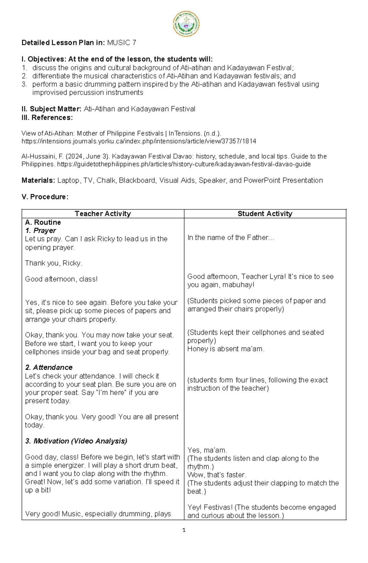 Detailed Lesson Plan: MUSIC 7 - Kadayawan Festival Exploration - Studocu