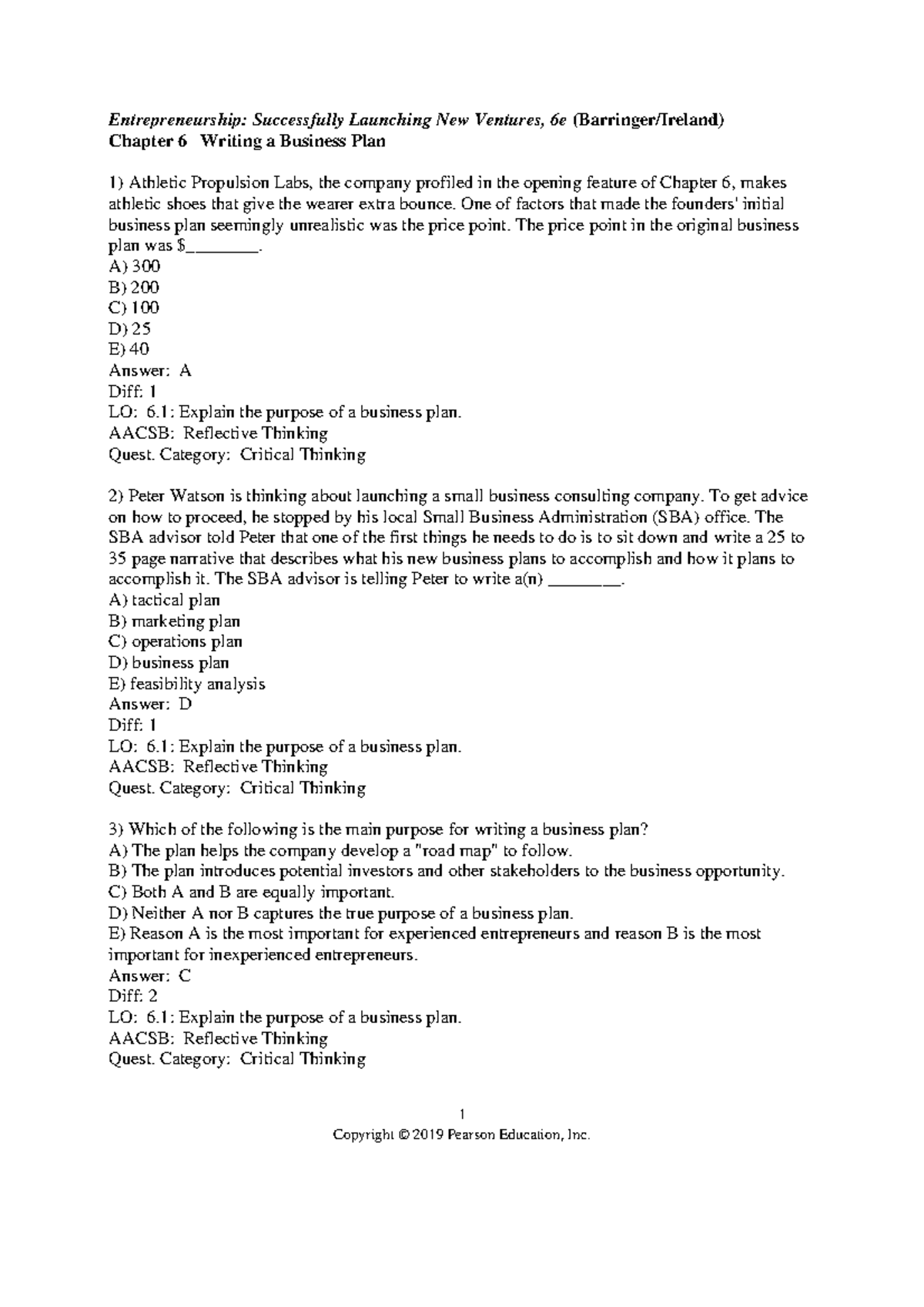 Entrepreneurship Chapter 6: Writing a Business Plan Test Bank - Studocu