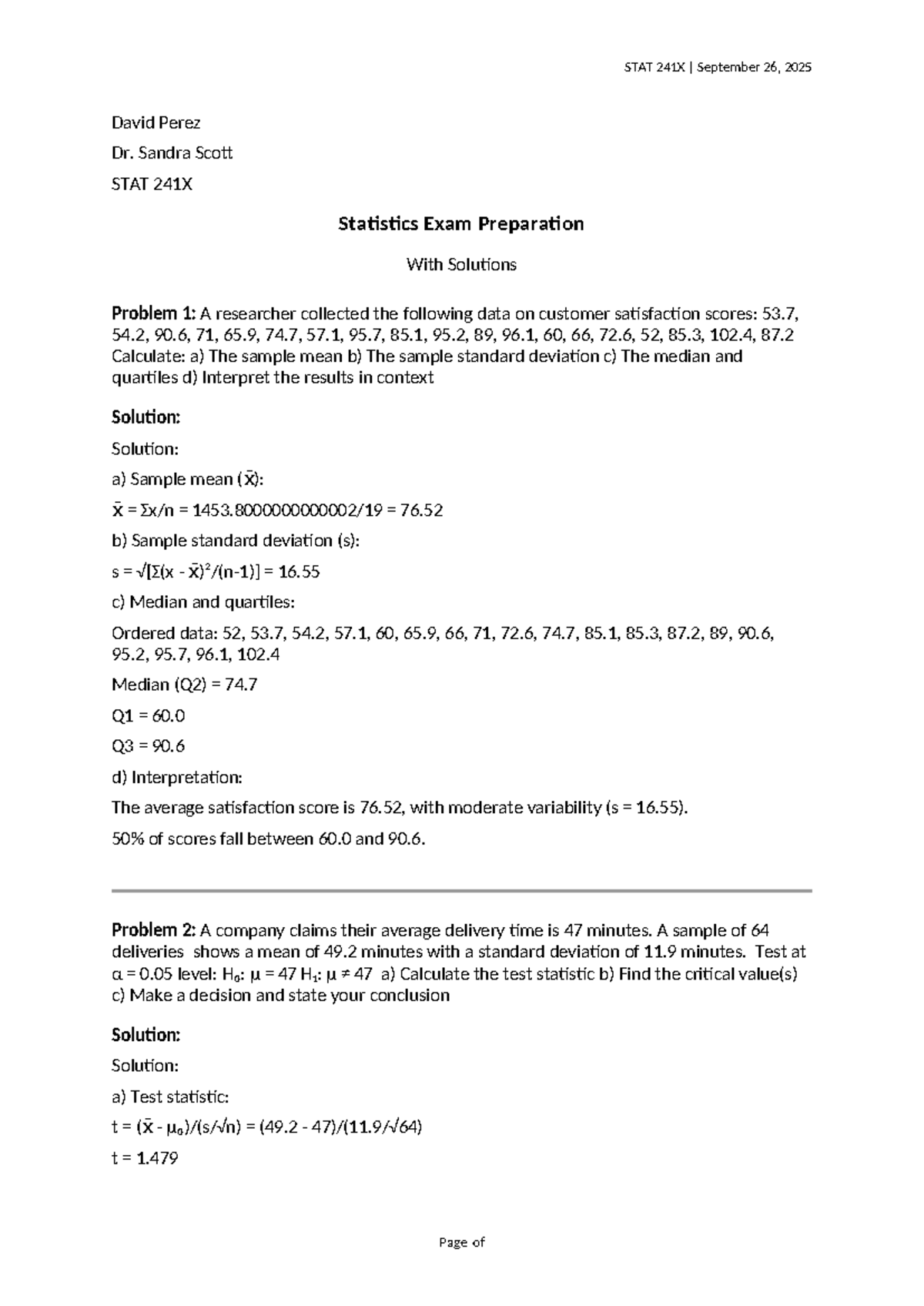 STAT 241X Statistics Exam Prep: Solutions & Interpretations - Studocu