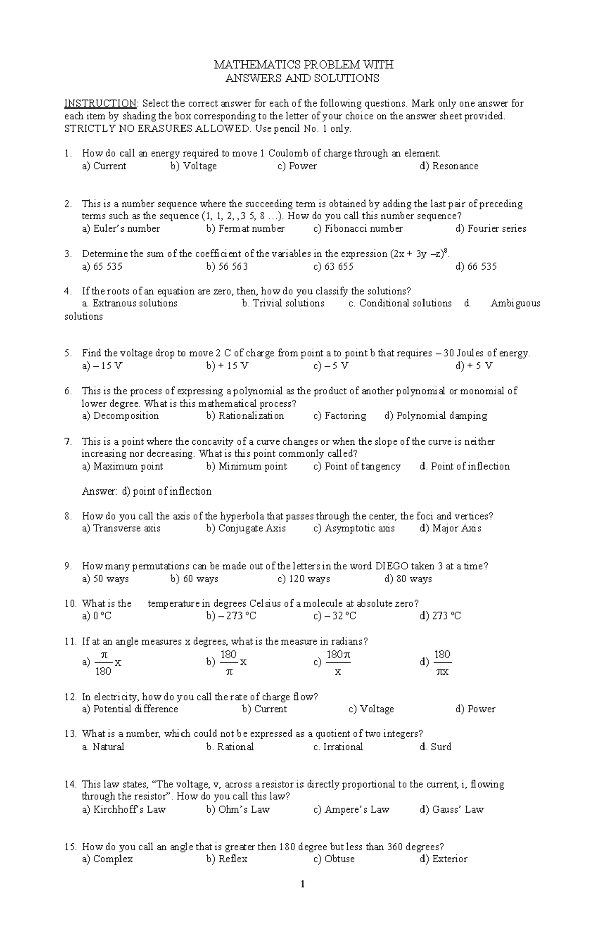 MATHEMATICS QUIZ WITH ANSWERS AND SOLUTIONS - Studocu