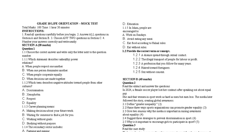 Grade 10 LO Mock Test: Life Orientation Practice Exam - Studocu