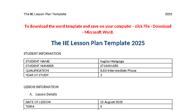 IIE Lesson Plan Template 2025: Grade 5 IsiZulu FAL Lesson Plan - Studocu