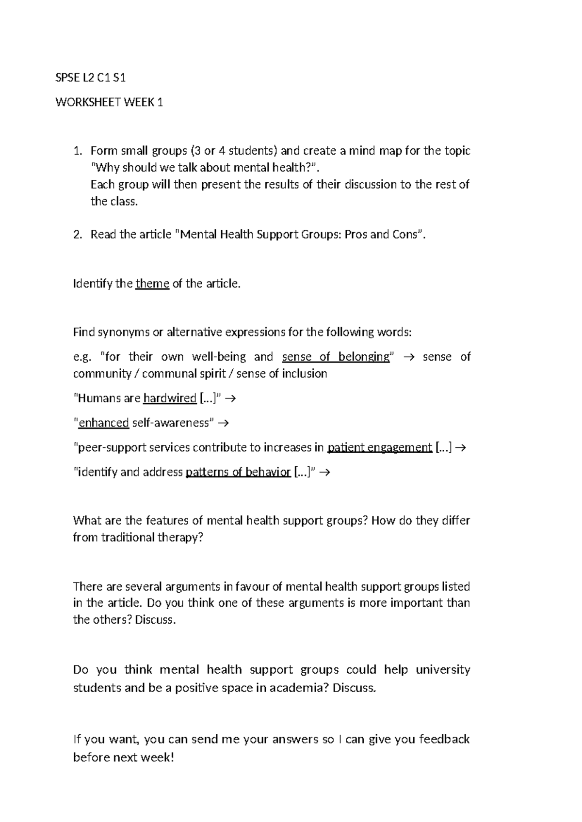 SPSE 2024 W1 Worksheet - Mental Health Support Discussion Notes - Studocu