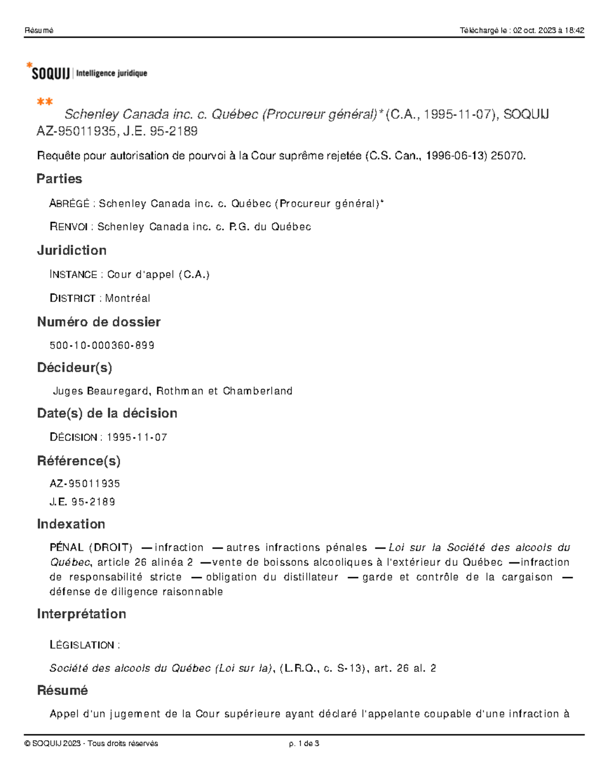 Schenley Canada inc. c. Québec (PG) - Résumé de l'Affaire SOQUIJ - Studocu