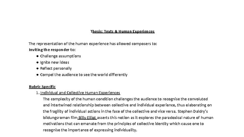 Common Module: Billy Elliot - Thesis Intro Ideas on Human Experience ...