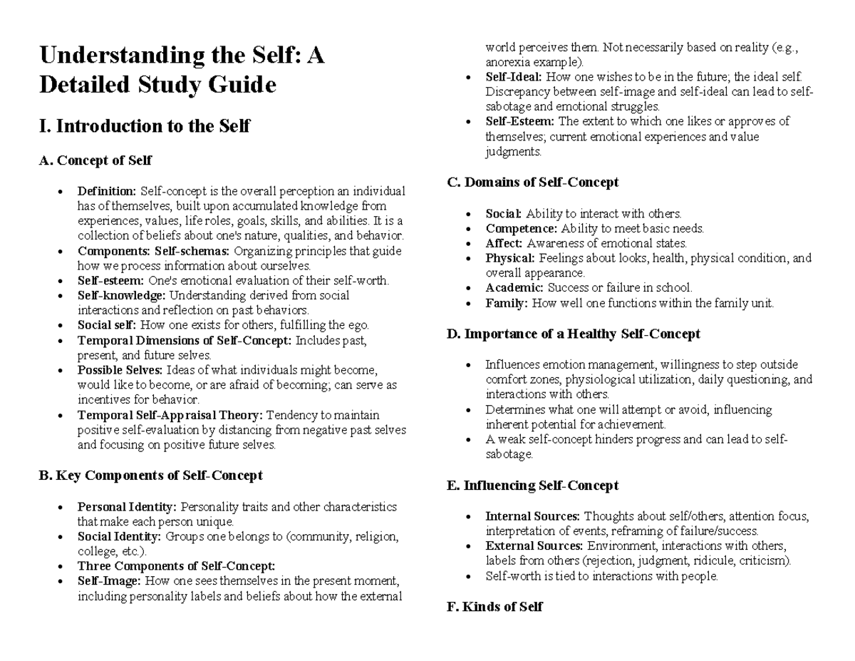 Understanding the Self: A Comprehensive Study Guide (PSY 101) - Studocu