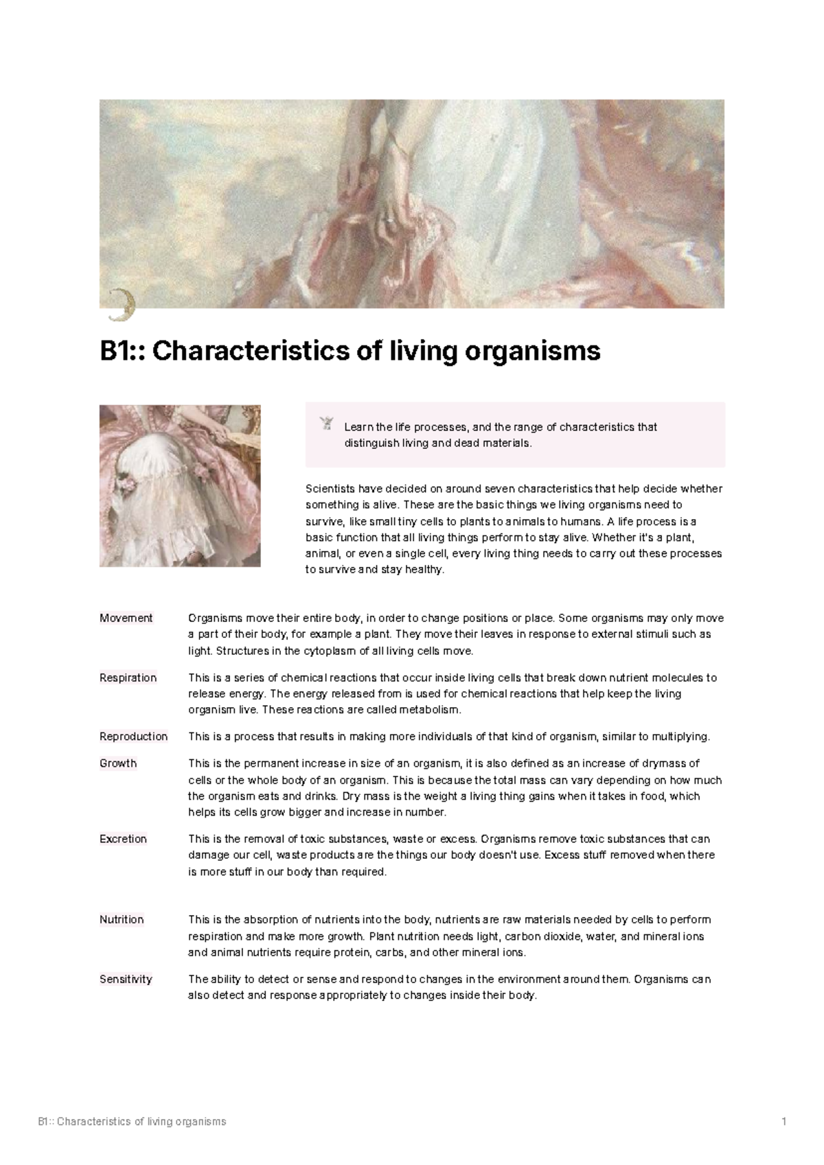 B1: Characteristics of Living Organisms - Key Life Processes - Studocu