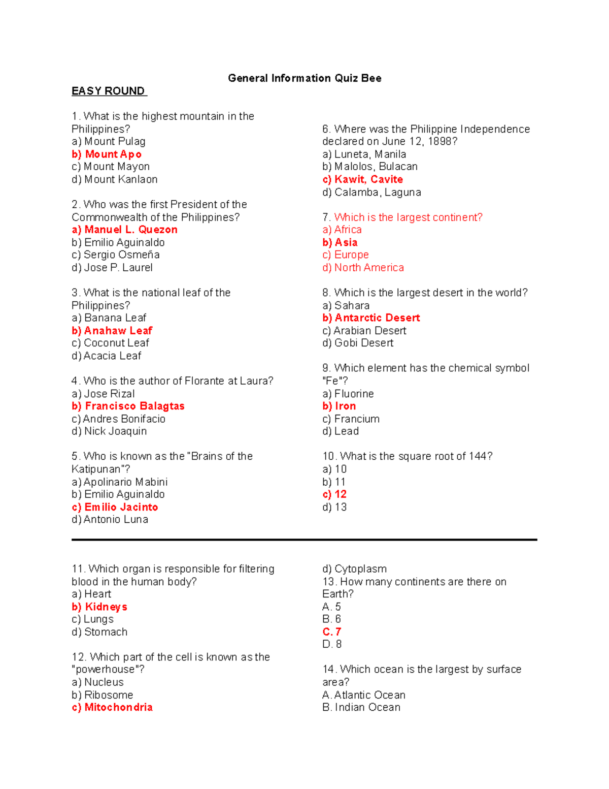 General Information Quiz Bee: Easy, Average, and Difficult Rounds - Studocu