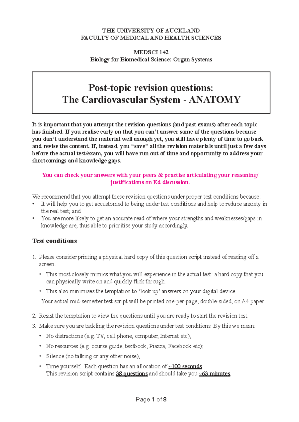 MEDSCI 142 Cardiovascular System Anatomy Revision Questions - Studocu