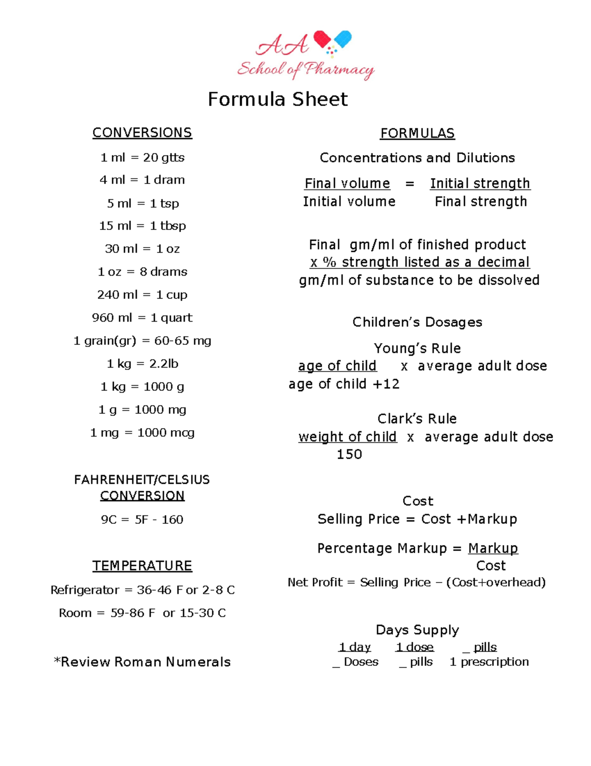 Formula Sheet for Conversions, Dosages, and Cost Calculations - Formula ...