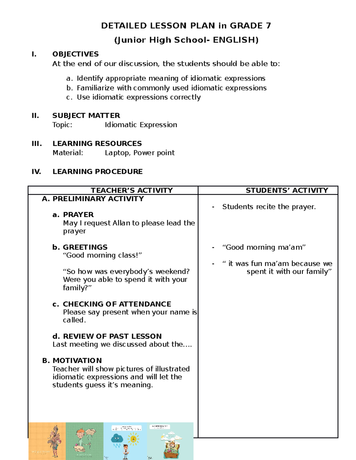 Detailed Grade 7 Lesson Plan on Idiomatic Expressions - Studocu