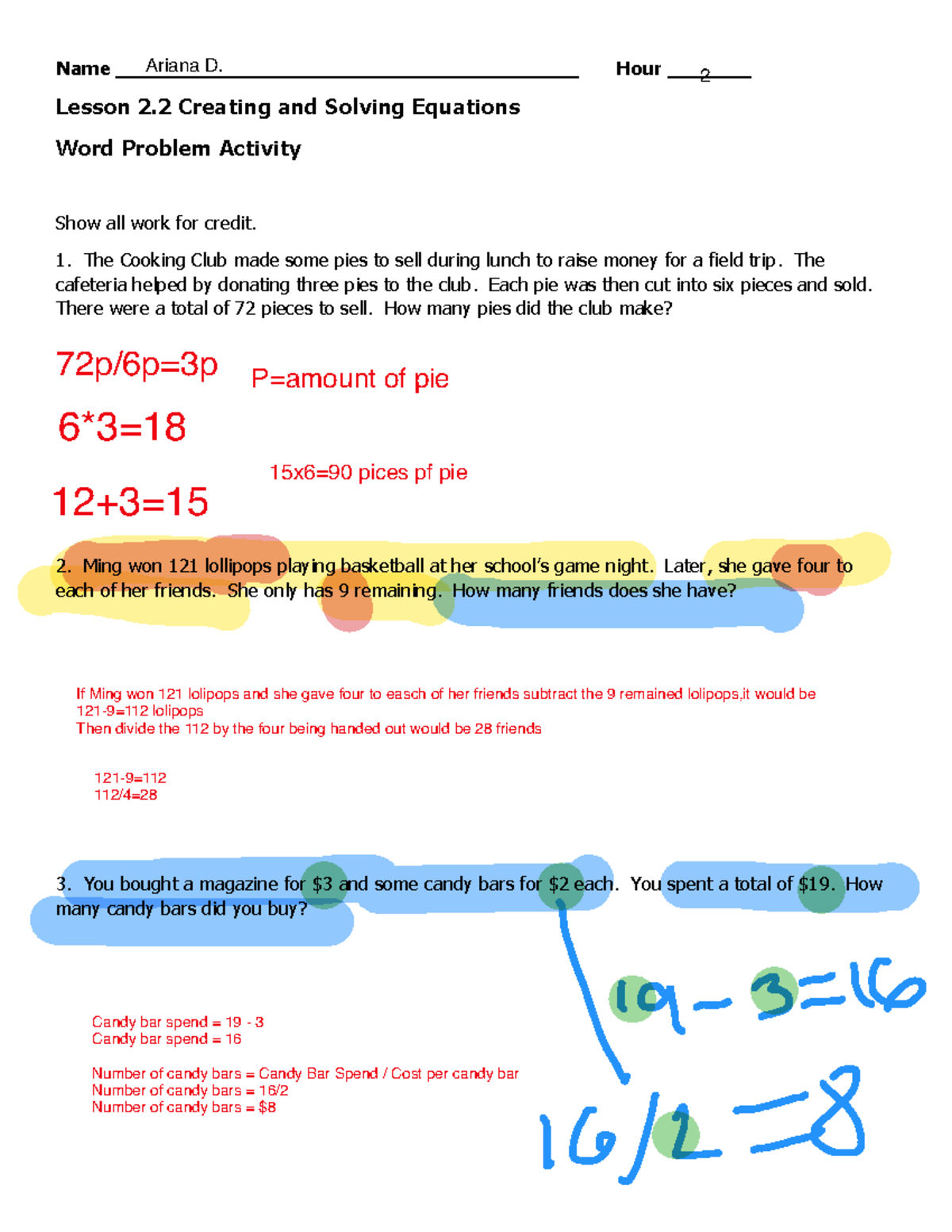 Math 101: Lesson 2.2 - Creating and Solving Equations Activities - Studocu