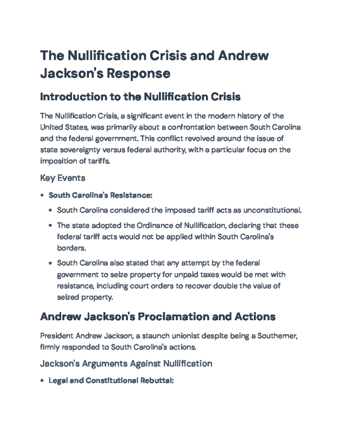 The Nullification Crisis and Jackson's Response: An In-Depth Analysis ...
