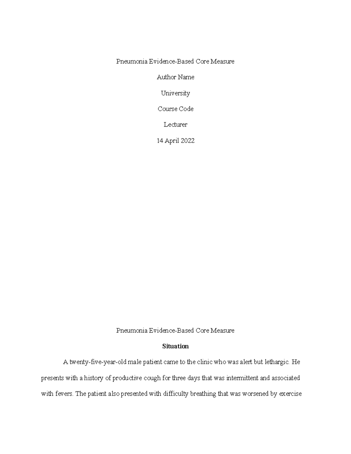 Pneumonia Core Measure 1: Evidence-Based Treatment Analysis - Studocu