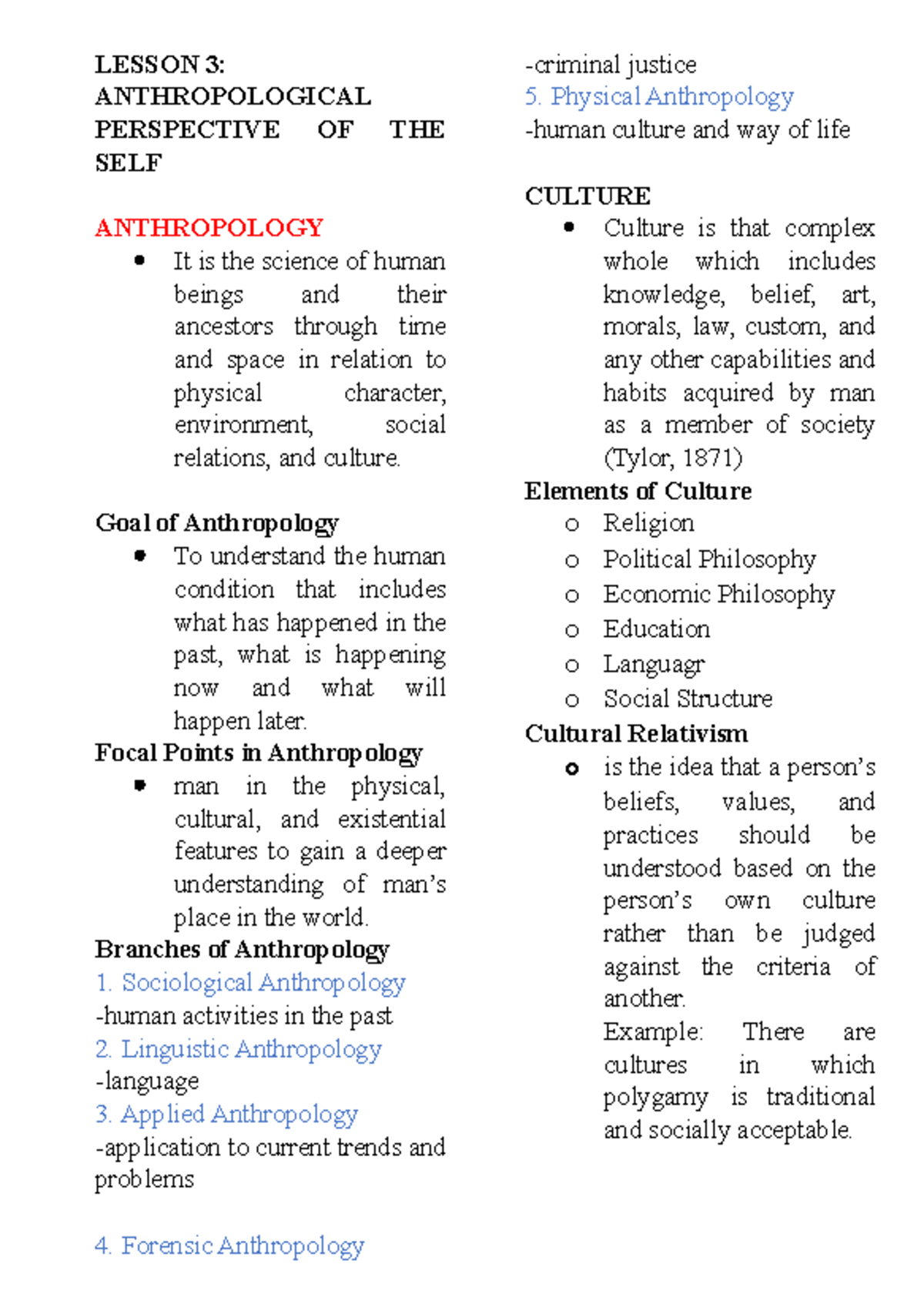 UTS L3: Anthropological Perspective of the Self in Anthropology - Studocu