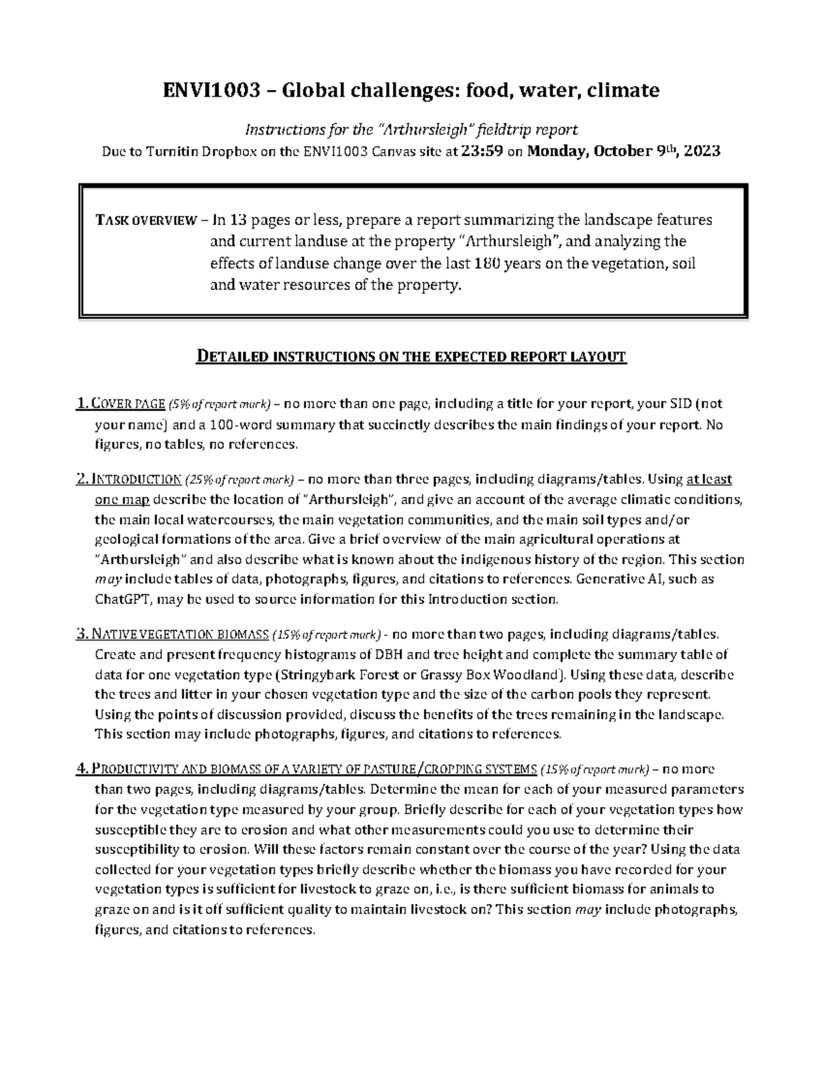 ENVI1003 Arthursleigh Fieldtrip Report Guidelines 2023-1 - Studocu