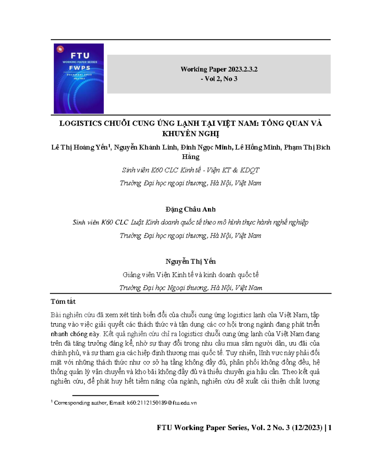 FTU Working Paper Series: Cold Logistics Supply Chain in Vietnam ...