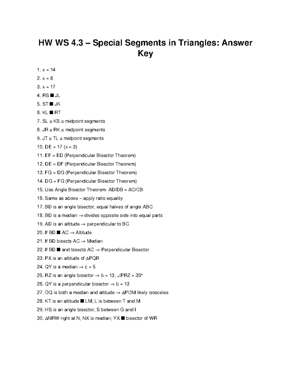 HW WS 4.3 Special Segments in Triangles: Answer Key - Studocu