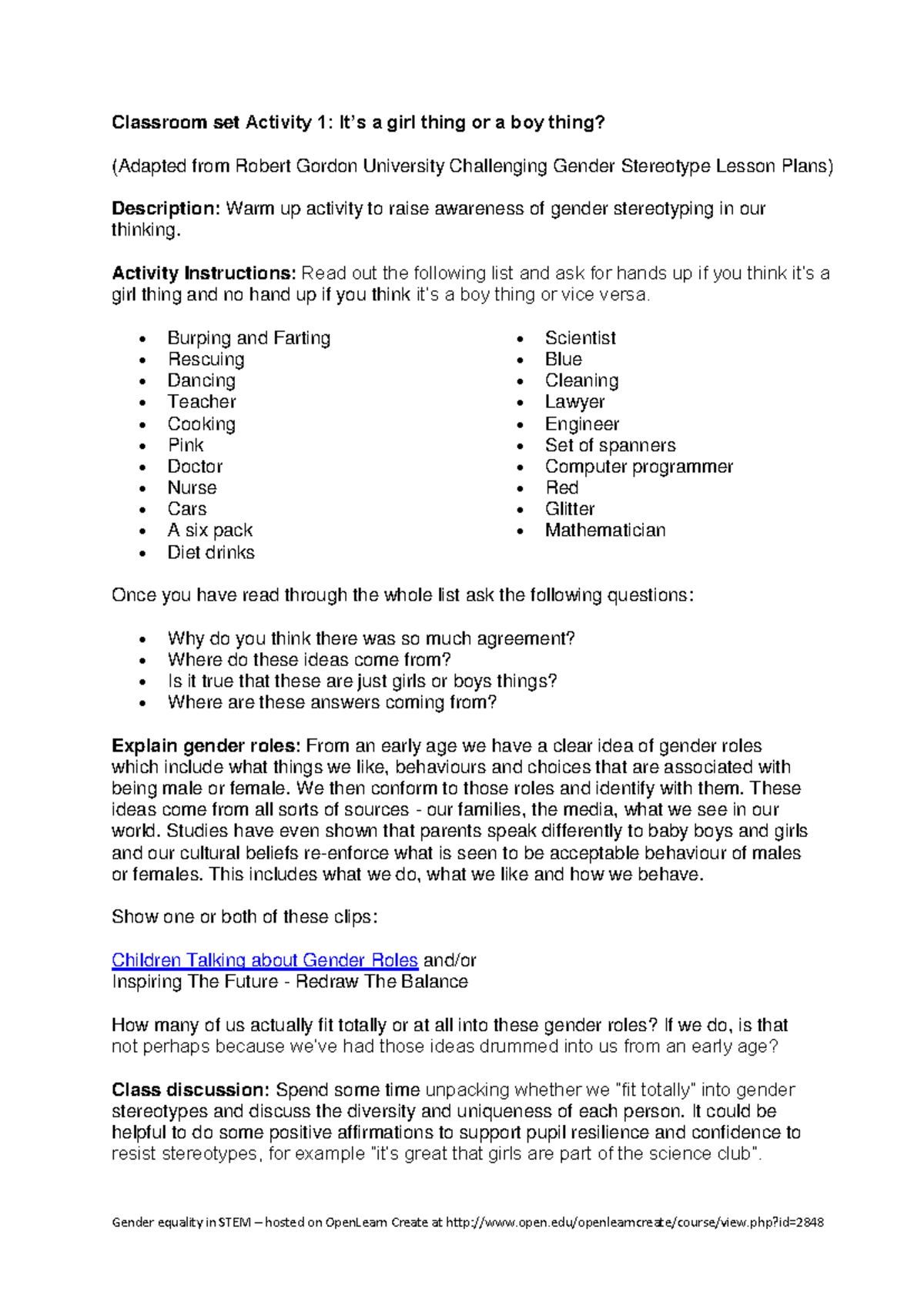 Classroom Activities on Gender Stereotypes & Equality in STEM - Studocu